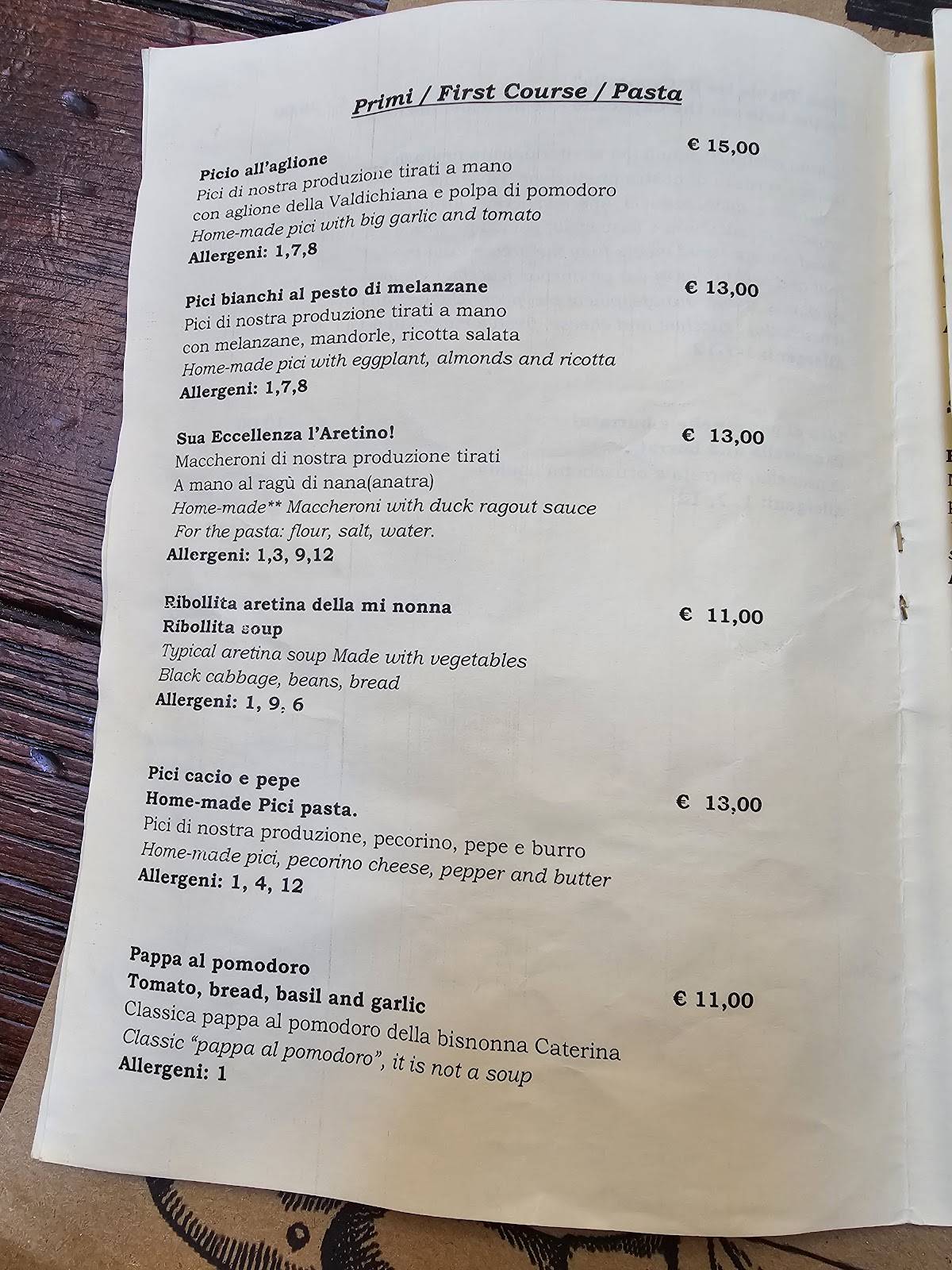 Menu at Il Covo dei Briganti restaurant, Arezzo