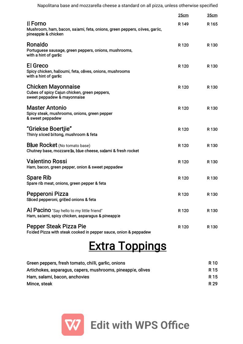 Menu at Il Forno Mediteranean Family Restaurant, New Redruth
