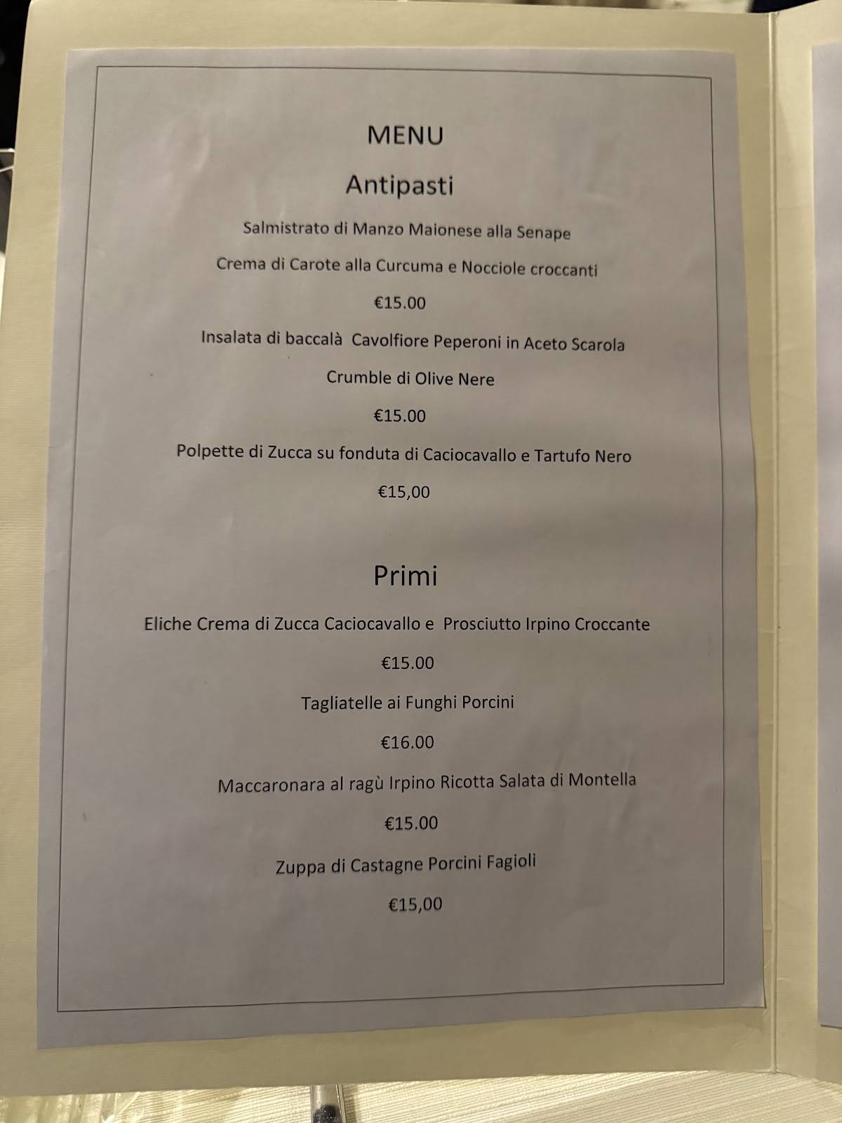 Menu da Il Vecchio Mulino 1834 ristorante, Castelfranci, Strada Provinciale