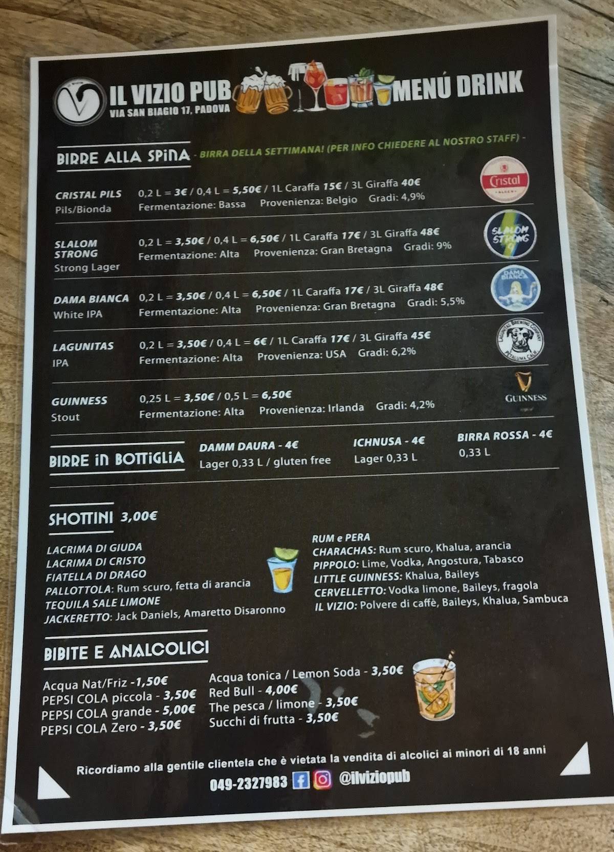 Menu at Il Vizio pub & bar, Padua, Via S. Biagio