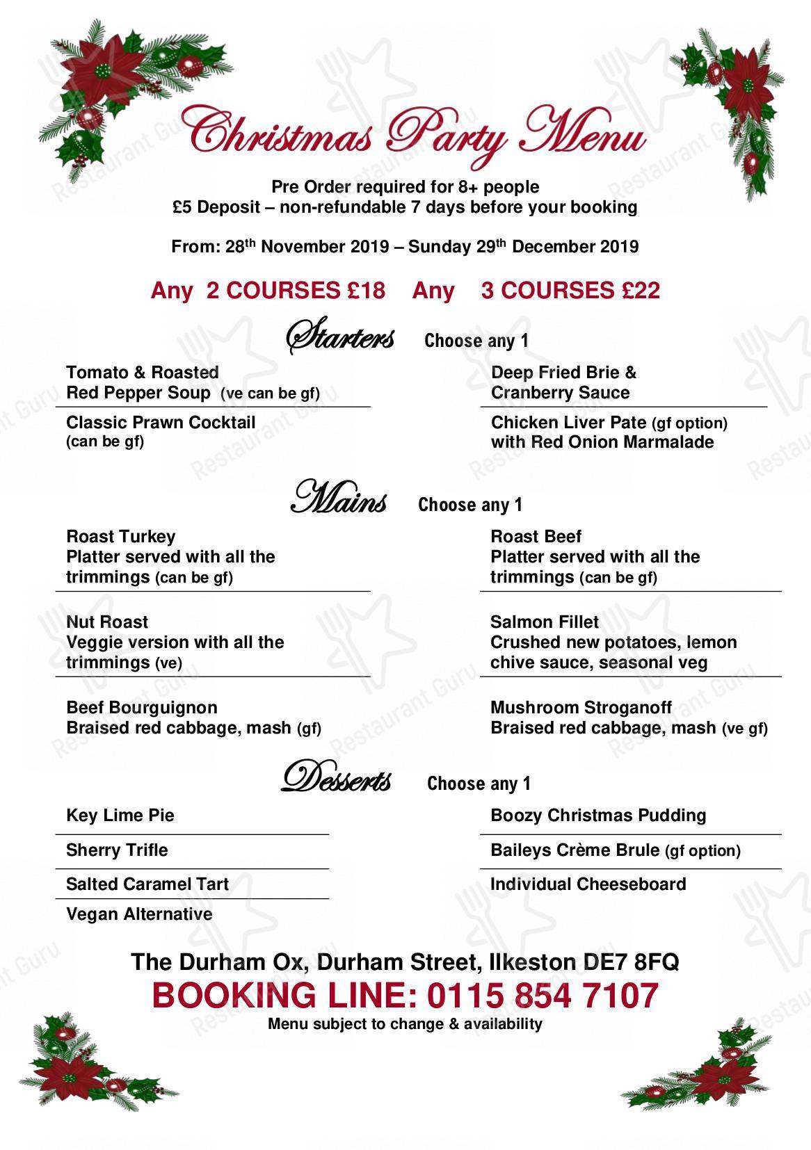 Menu at The Durham Ox pub & bar, Ilkeston