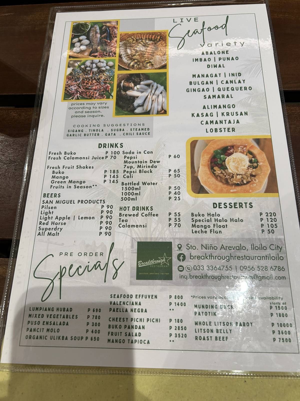 Menu at Breakthrough Restaurant, Iloilo City, MGH8+WWQ