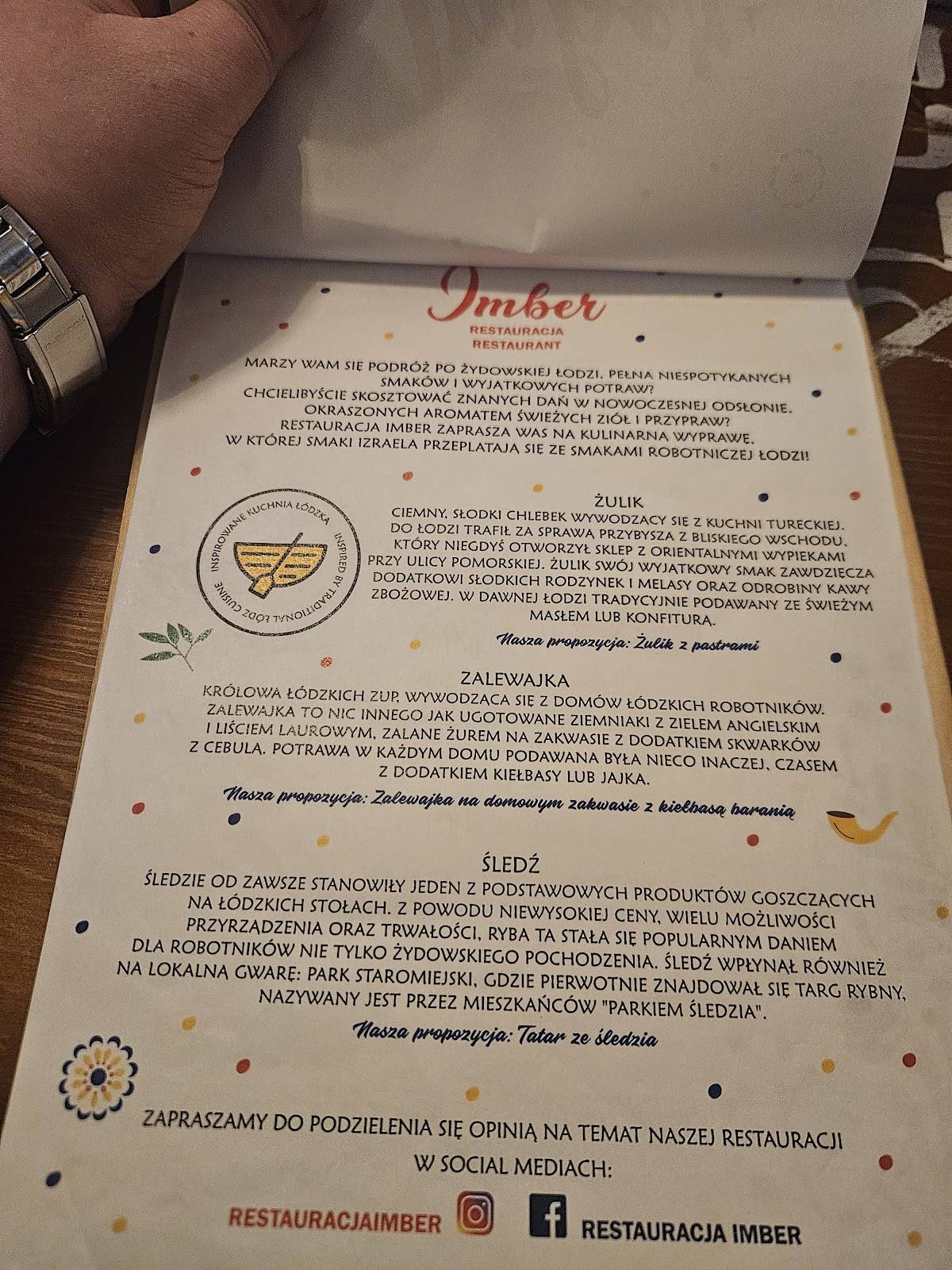 Menu at Imber restaurant, Łódź