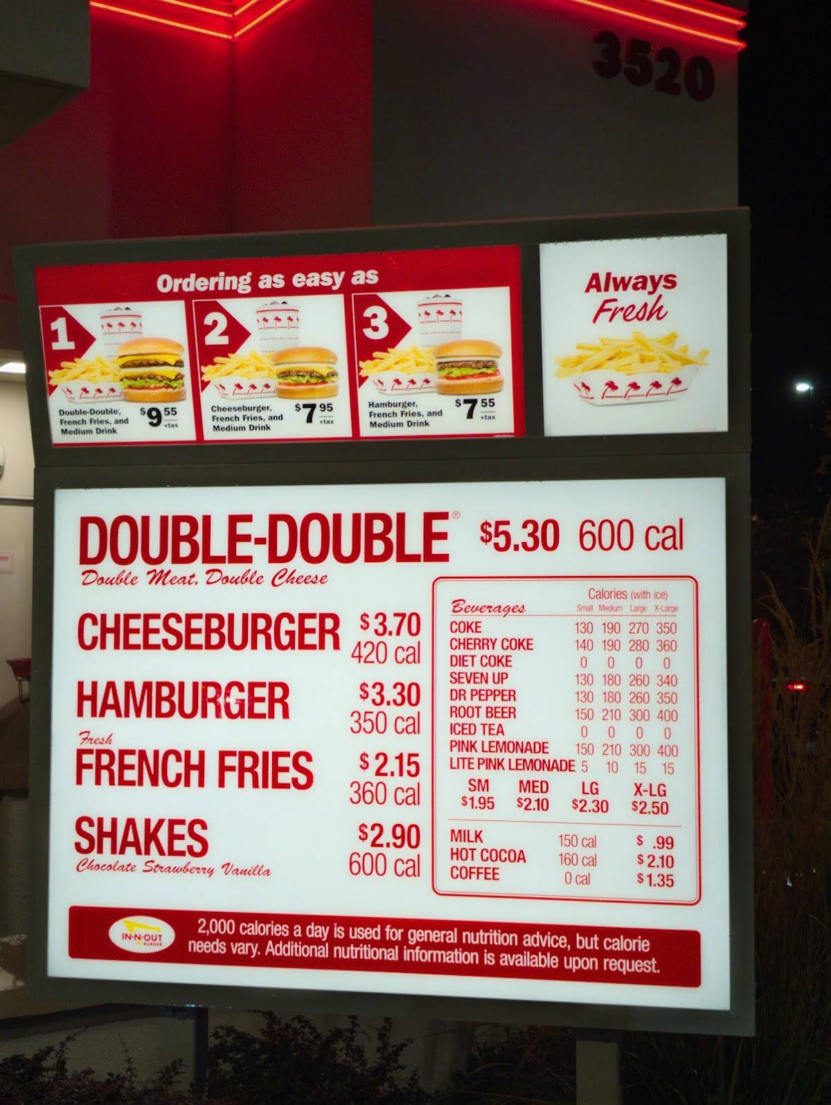 Menu at In-N-Out Burger fast food, Meridian, E Fairview Ave