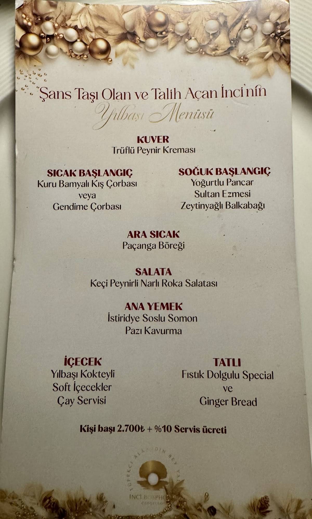 Menu at İnci Bosphorus, Istanbul, İskele Gazinosu