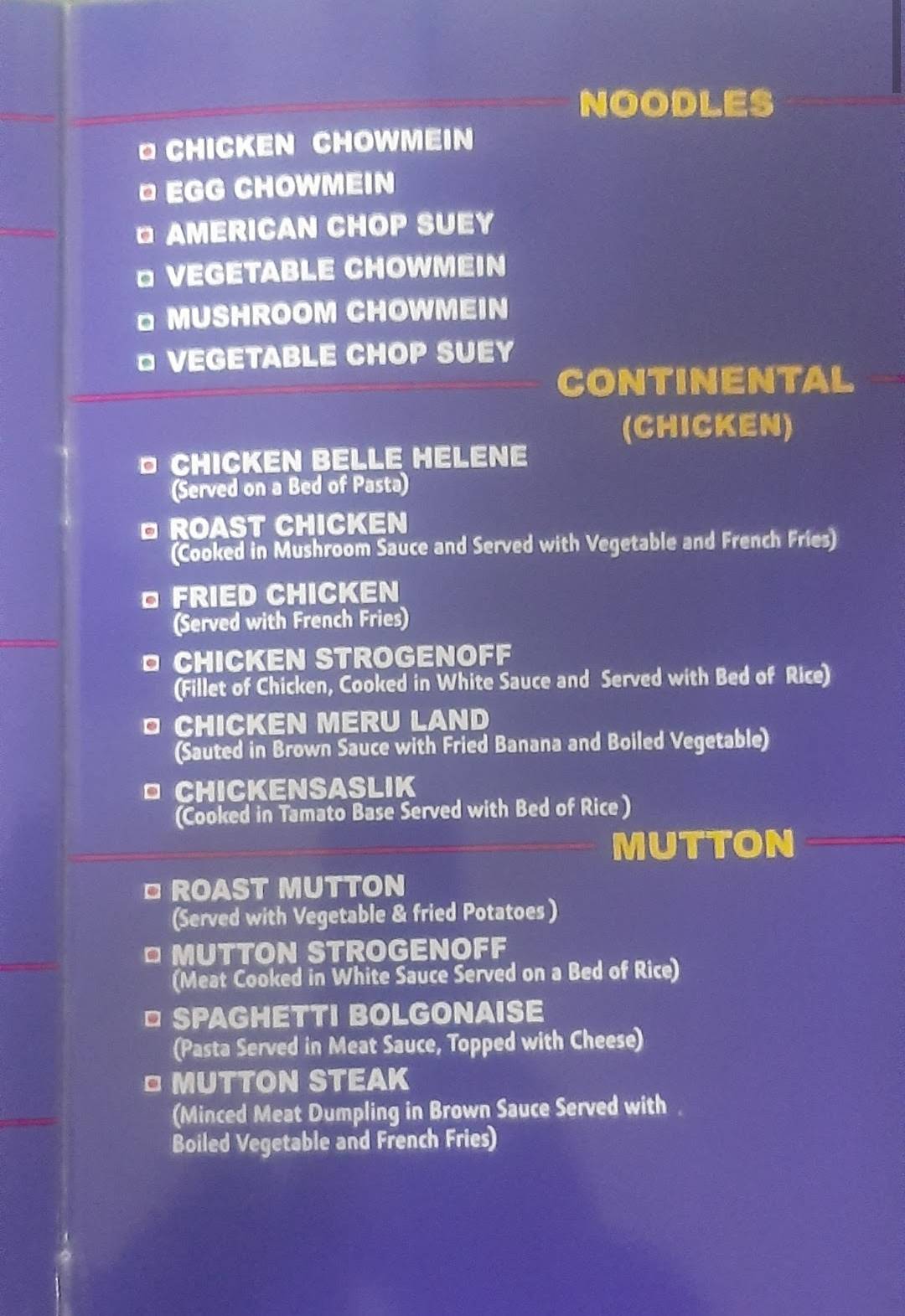 Menu at Indian Curry Palace, Jaipur