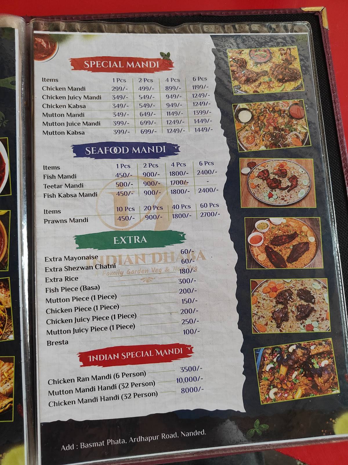 Menu at Indian Dhaba, Ardhapur