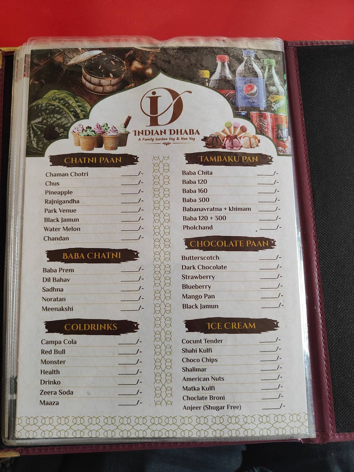 Menu at Indian Dhaba, Ardhapur
