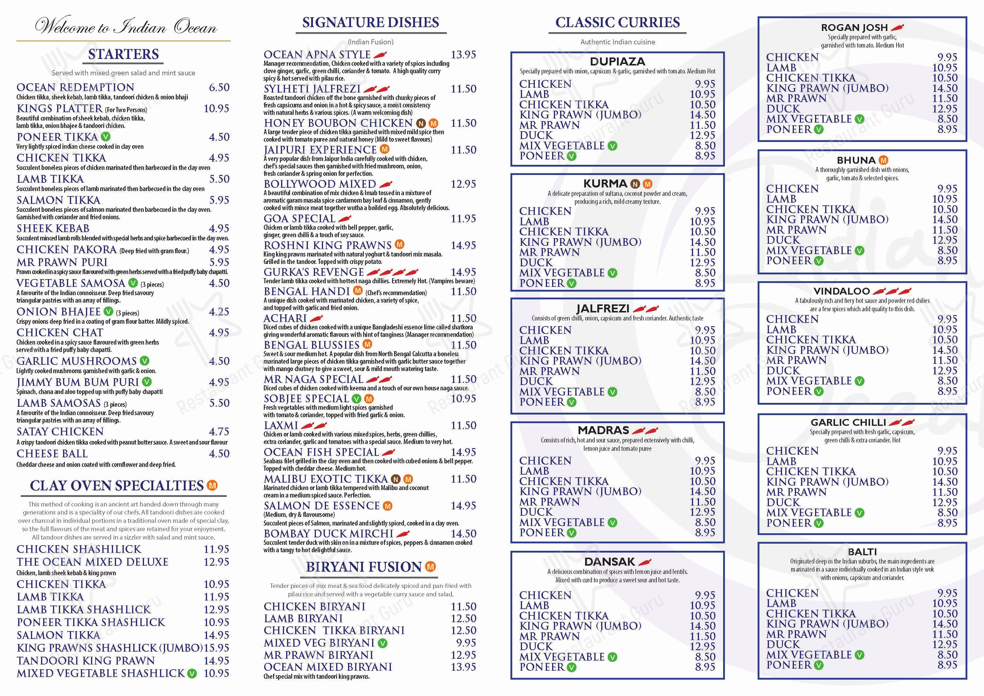 Menu at Indian Ocean restaurant, Wells