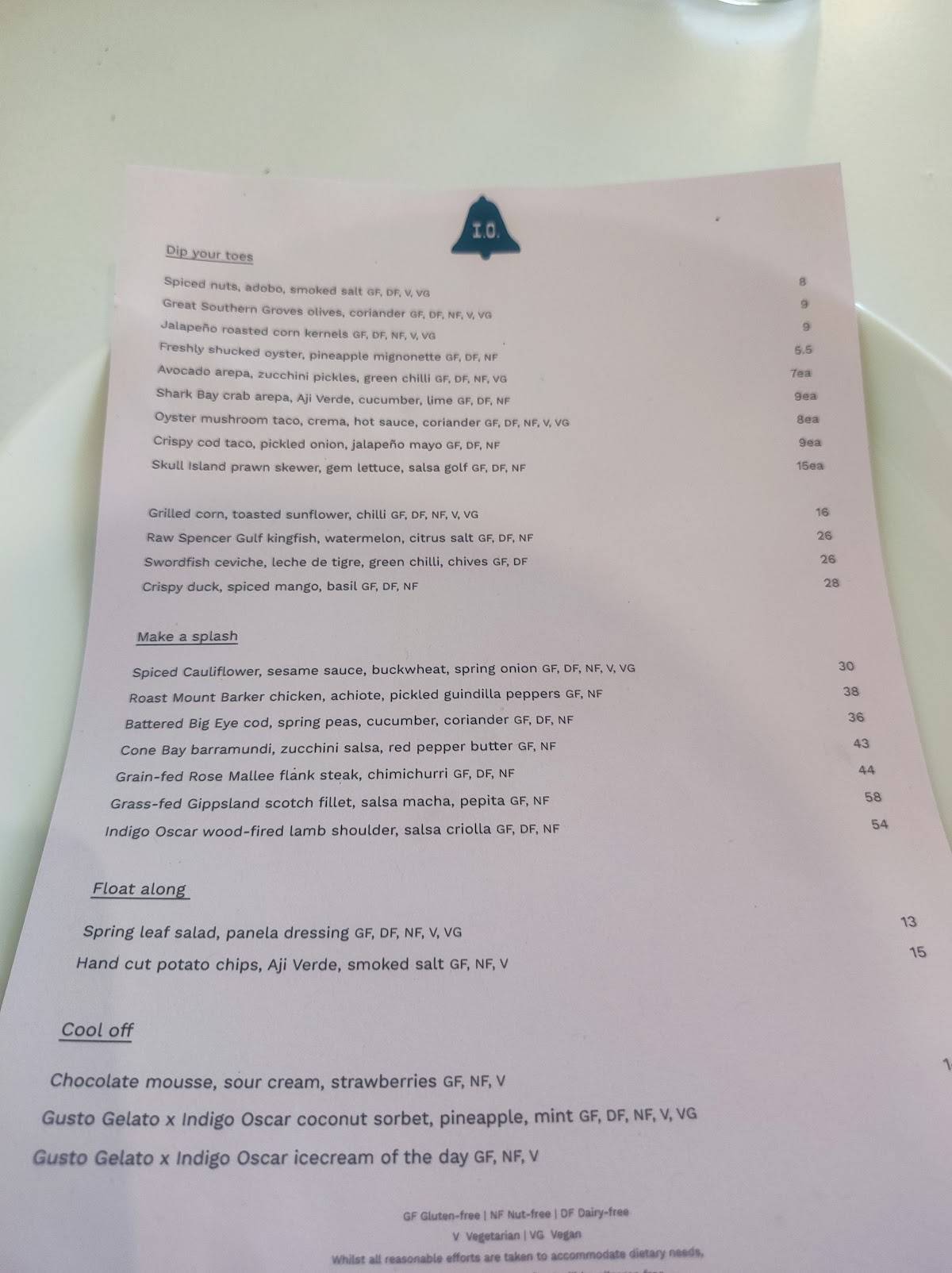 Menu at Indigo Oscar restaurant, Cottesloe