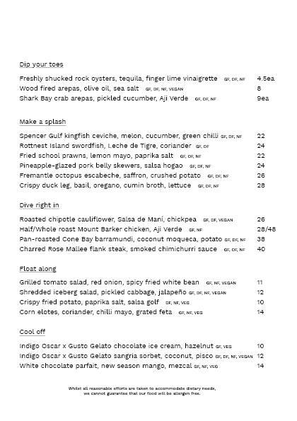 Menu at Indigo Oscar restaurant, Cottesloe
