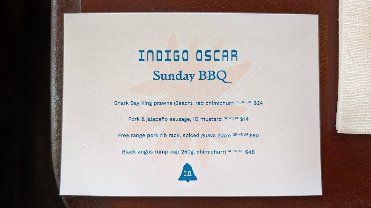 Menu at Indigo Oscar restaurant, Cottesloe