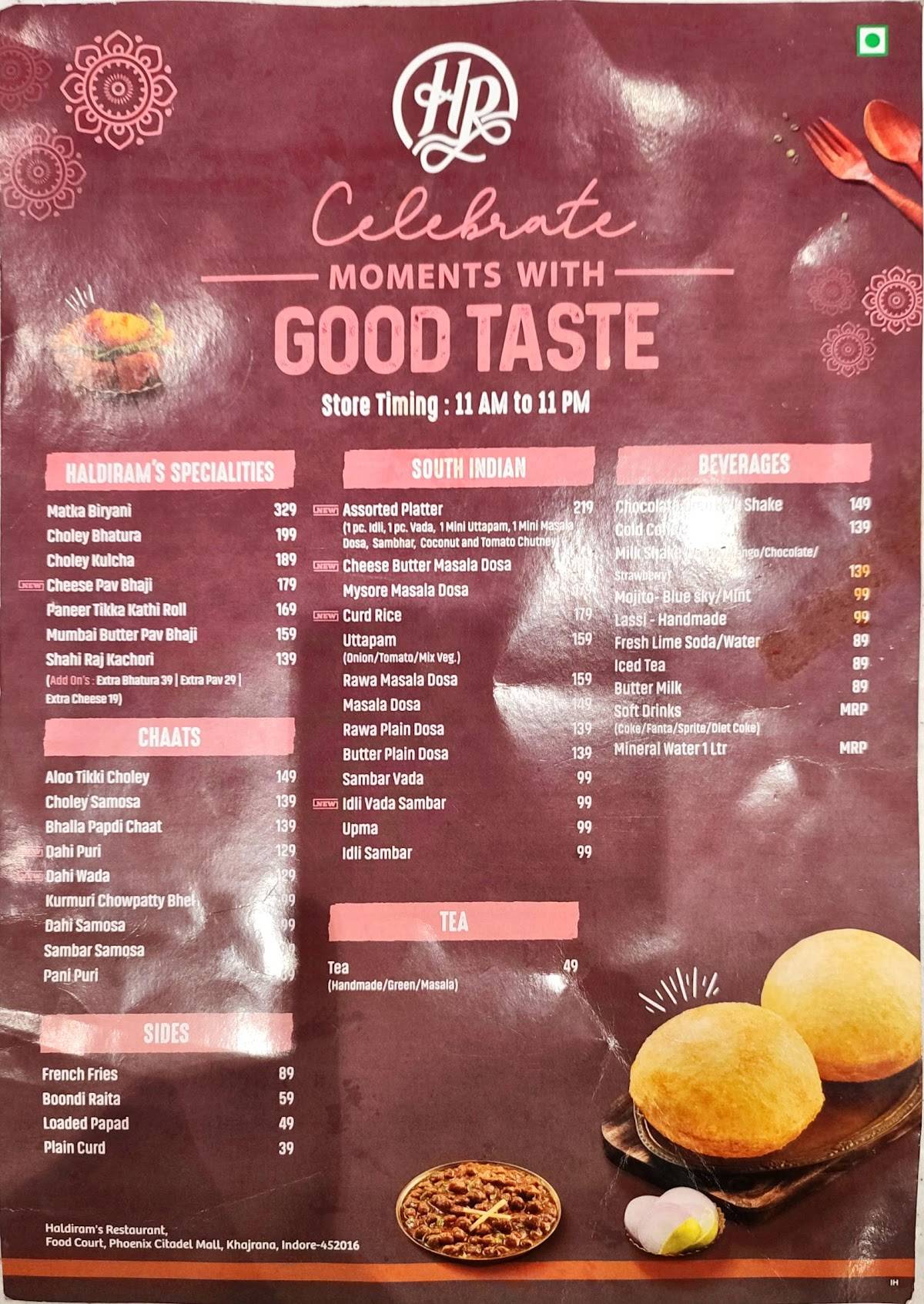 Menu at Haldiram's, Indore, International Airport