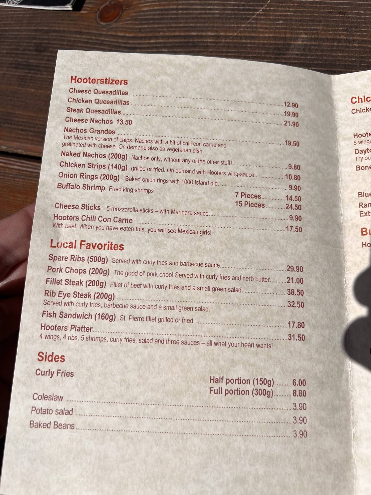 Speisekarte von Hooters Interlaken GmbH, Interlaken, Höheweg 57A