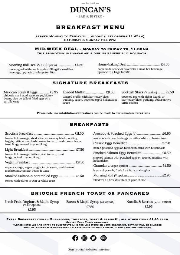 Menu at Duncan's Bar and Bistro, Irvine