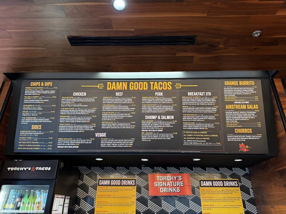 Menu at Torchy's Tacos restaurant, Irving
