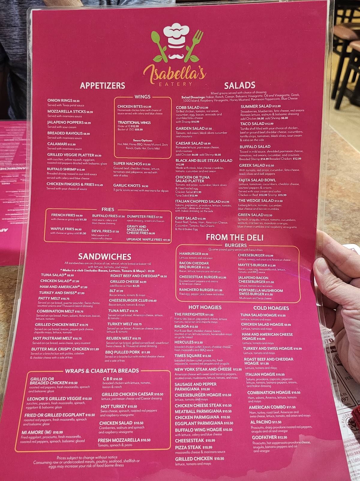 Menu at Isabella's Eatery restaurant, Mount Cobb