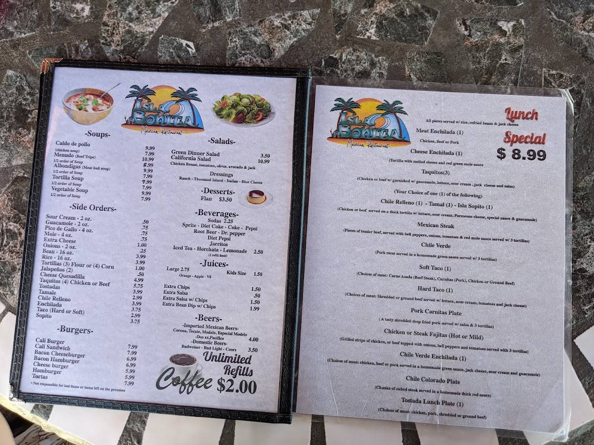 Menu at Isla Bonita restaurant, Bethel Island