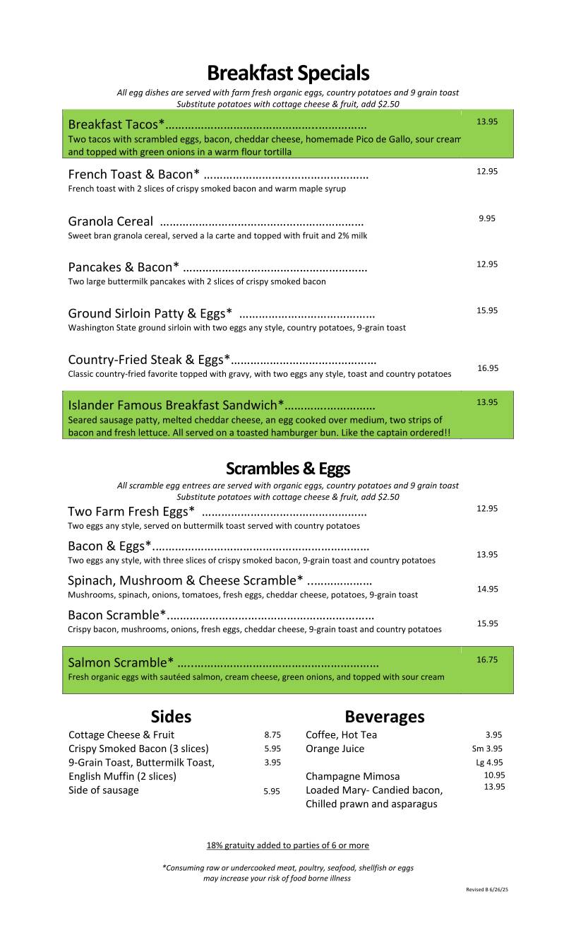 Menu at Islander Bar and Grill, Lopez Island