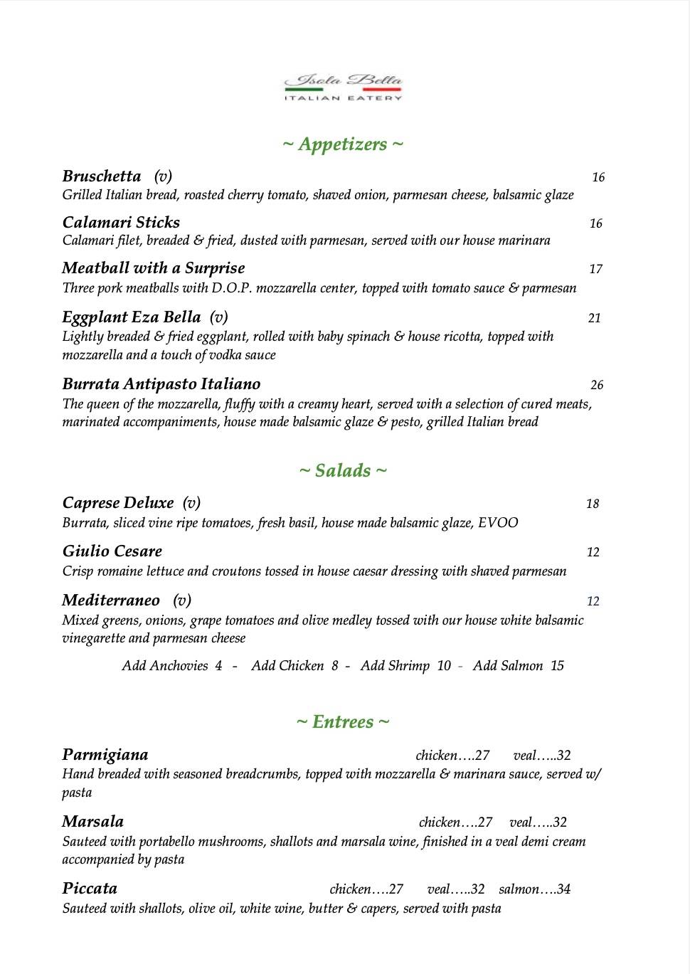 Menu at Isola Bella Italian Eatery restaurant, Holmes Beach