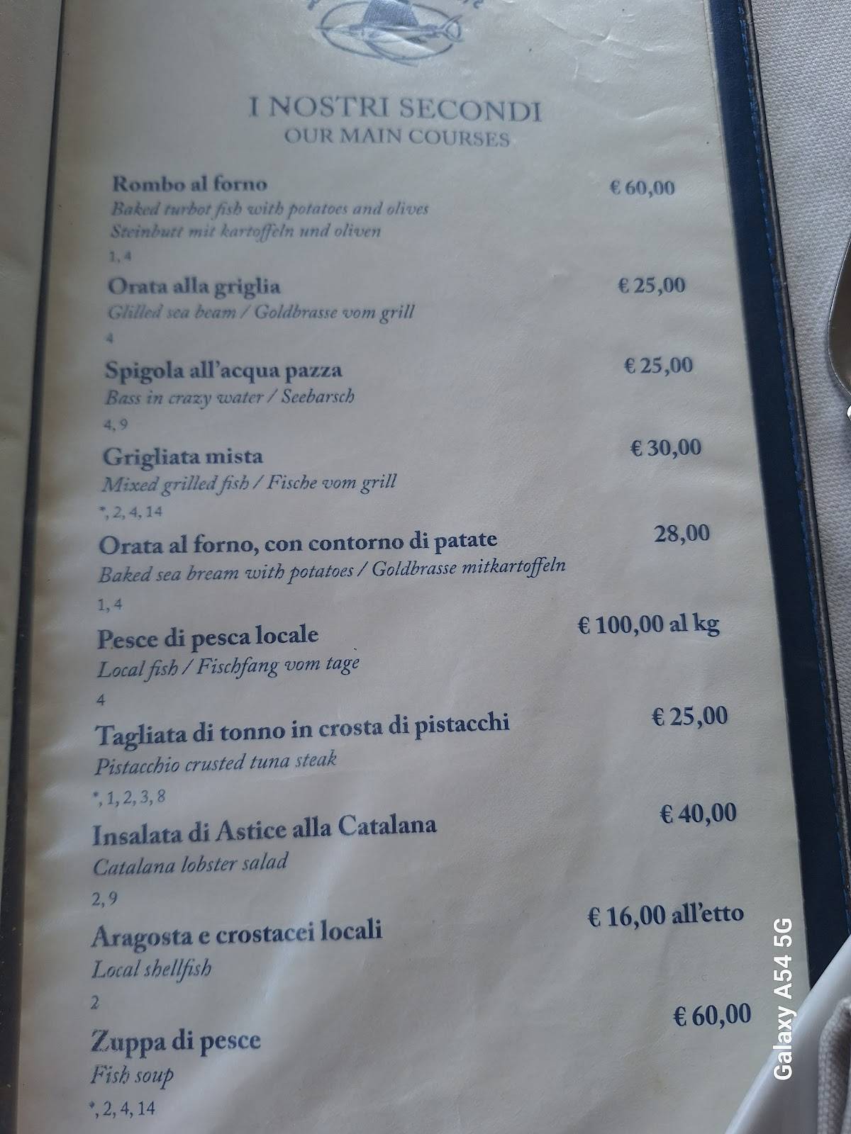 Menu at Isola del Pescatore restaurant, Santa Marinella, Via Cartagine