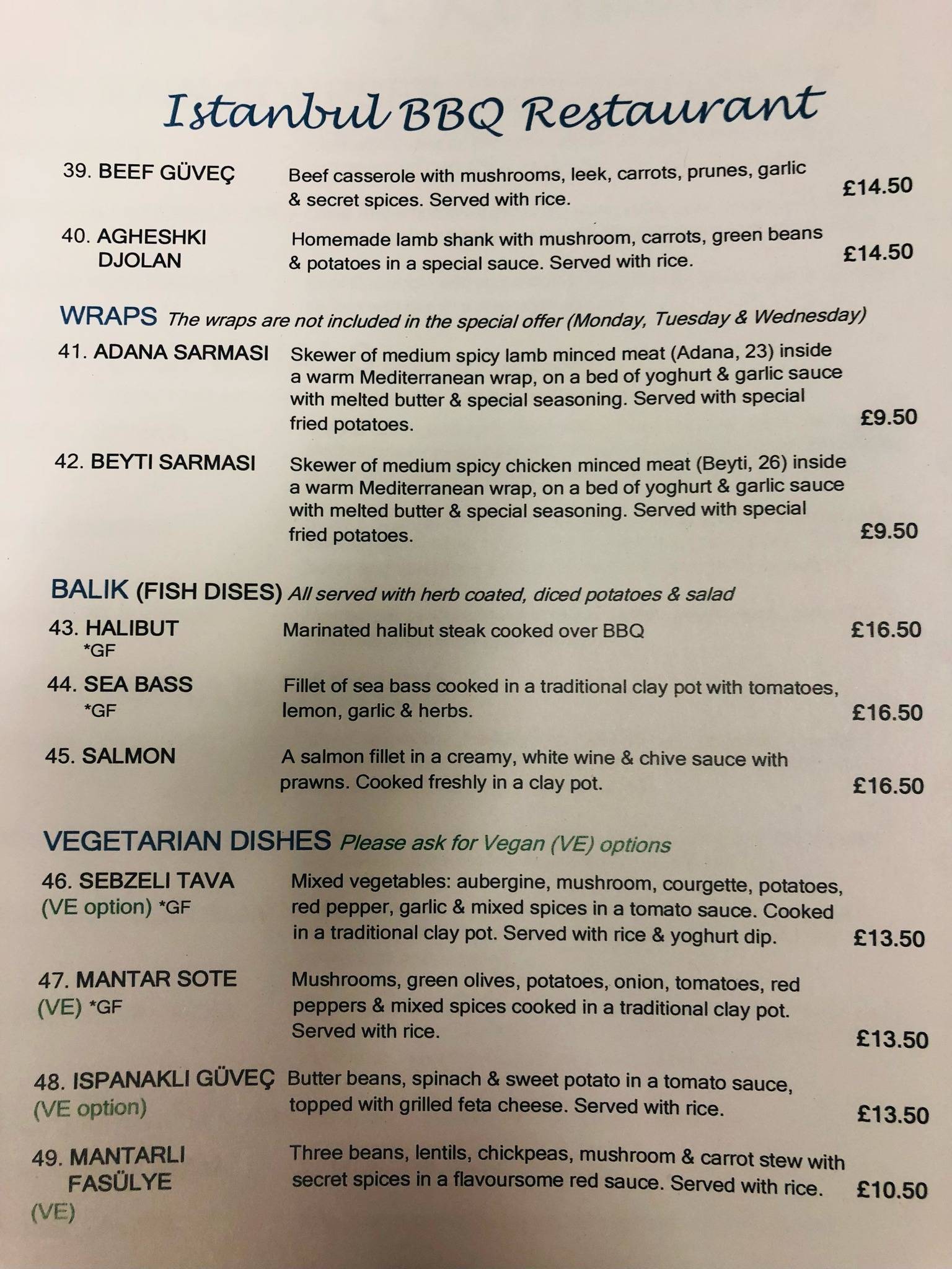Menu at Istanbul Barbeque Restaurant, Louth