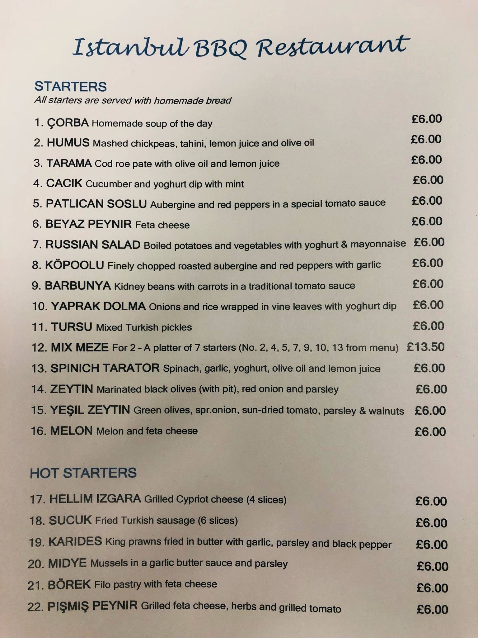 Menu at Istanbul Barbeque Restaurant, Louth