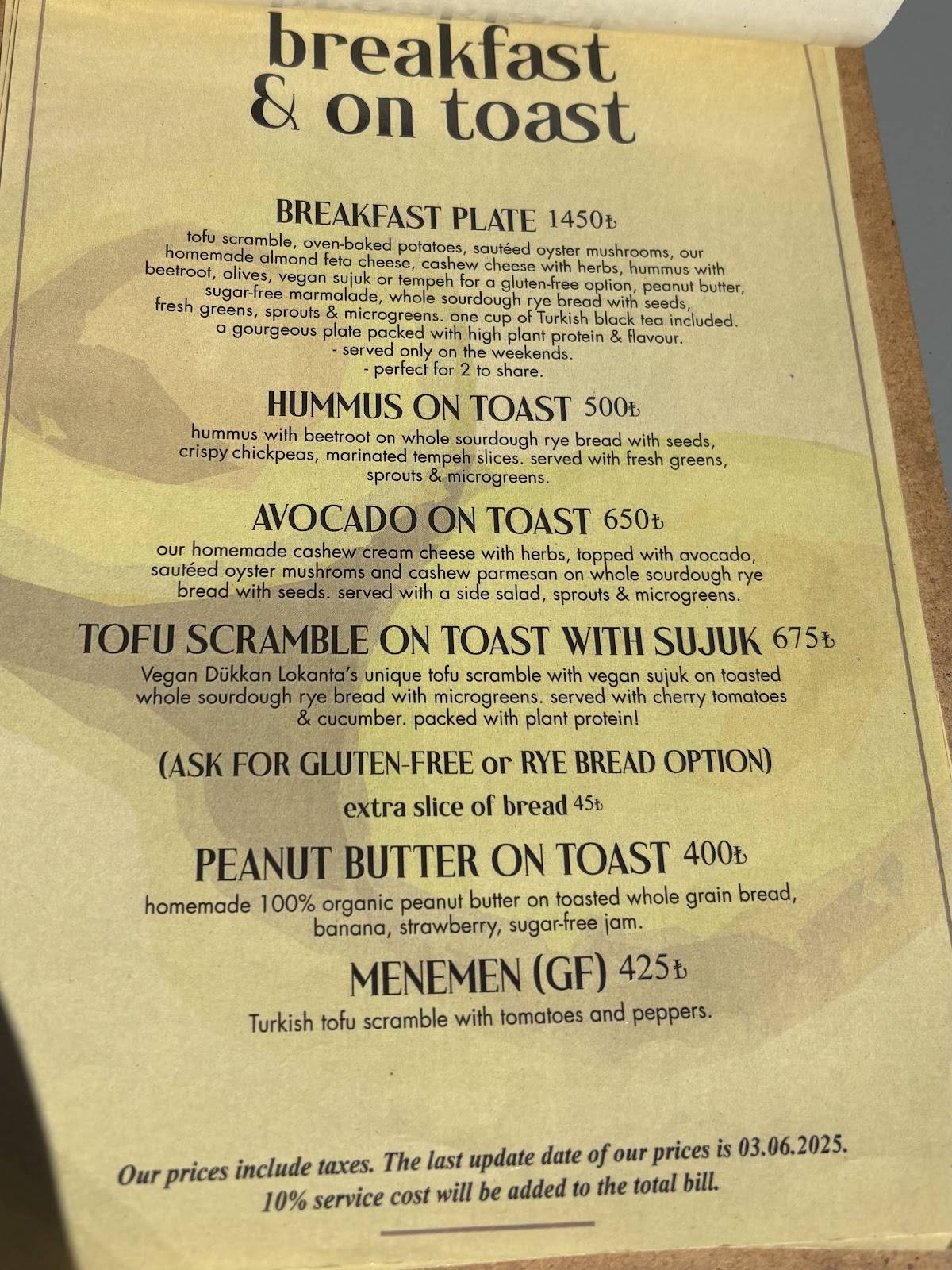 Speisekarte von Vegan Dükkan Lokanta restaurant, Istanbul
