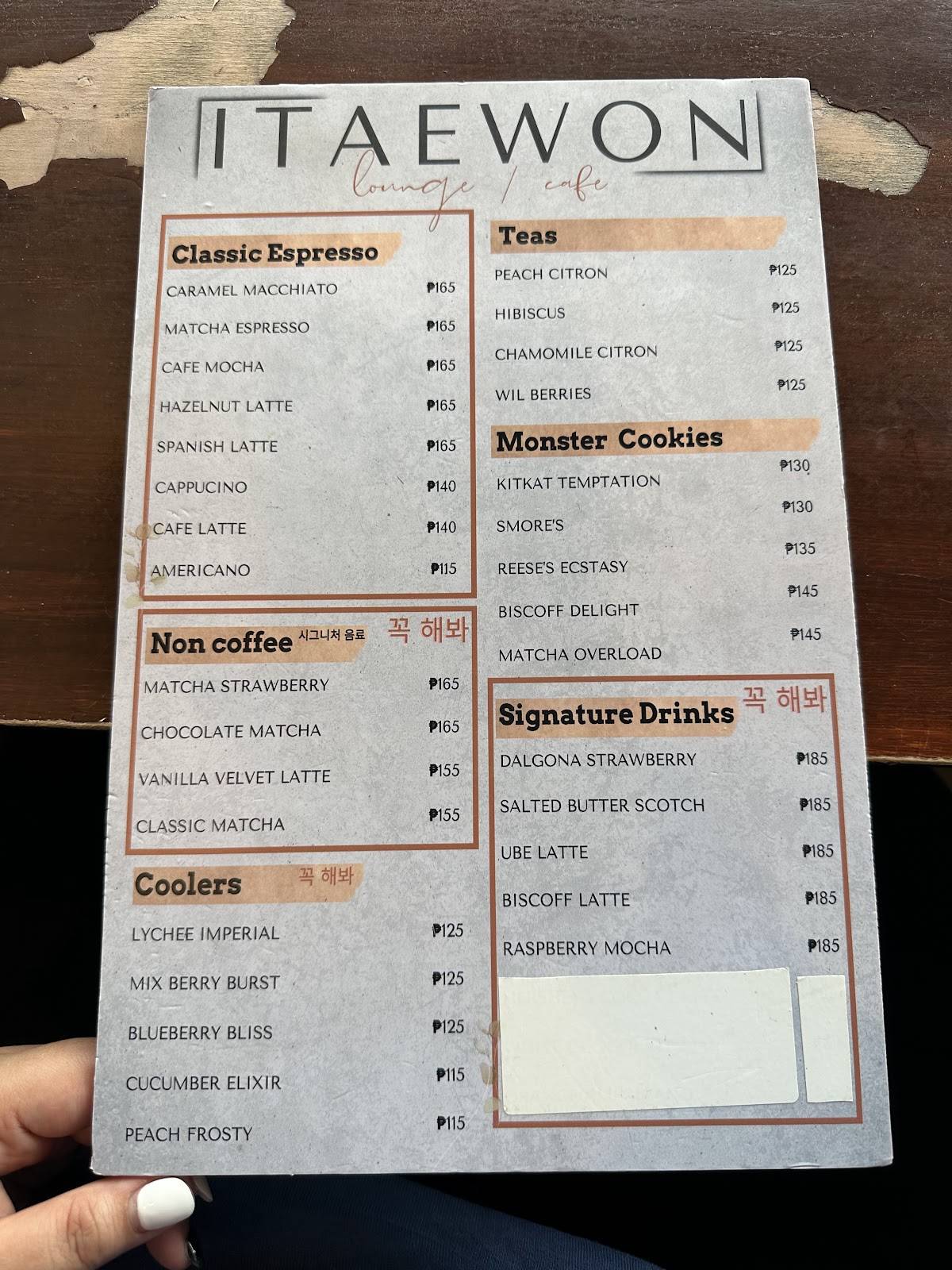 Menu at Itaewon Café, Baguio