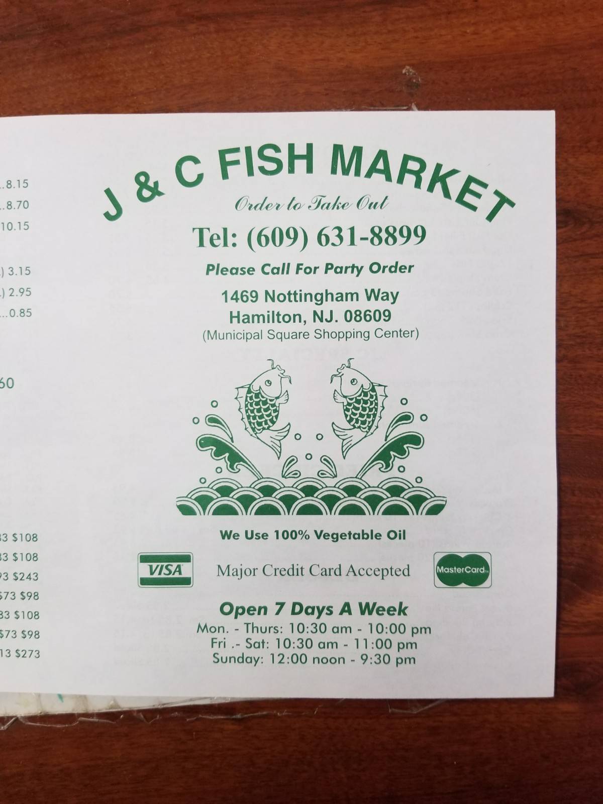 Menu at J C Fish Market restaurant, Trenton