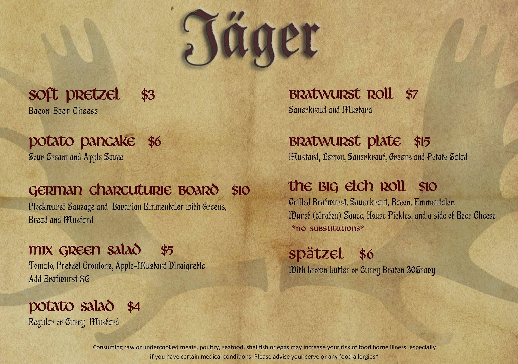 Menu at Jäger pub & bar, Portland, 41 Wharf St