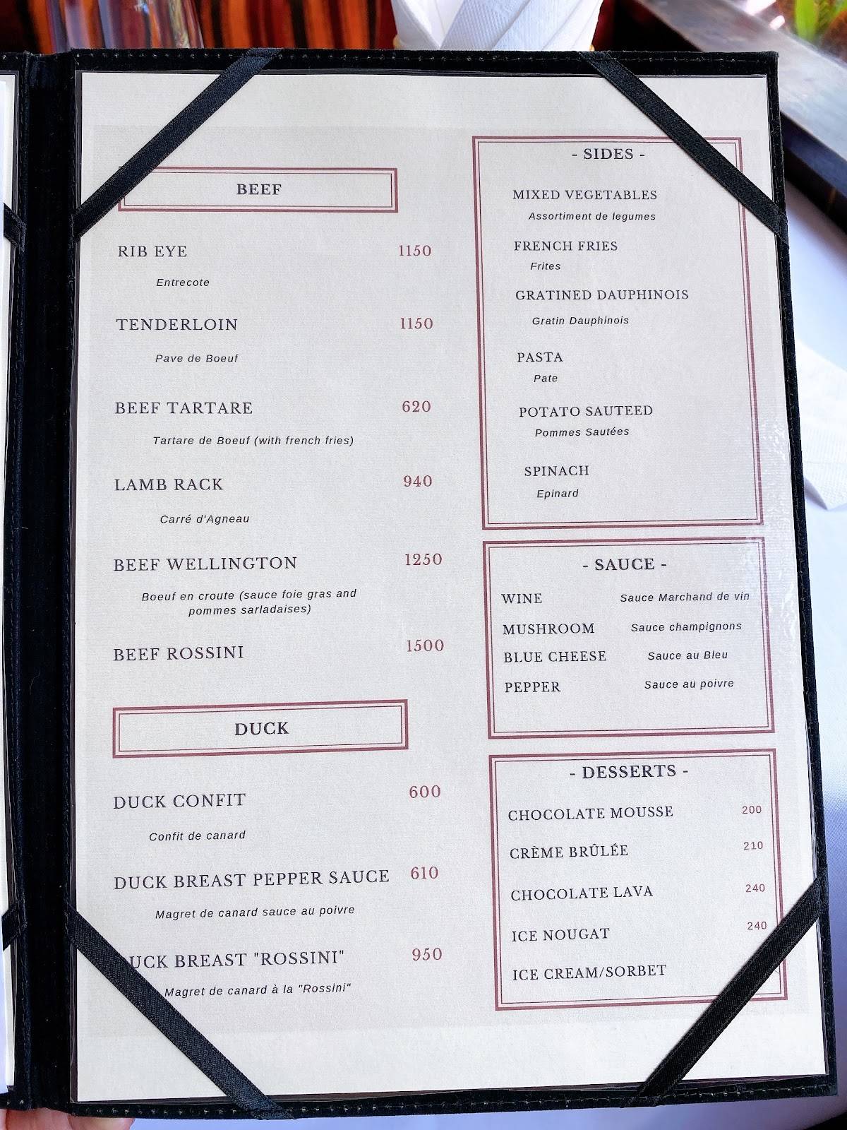 Menu at JP French Restaurant, Bangkok