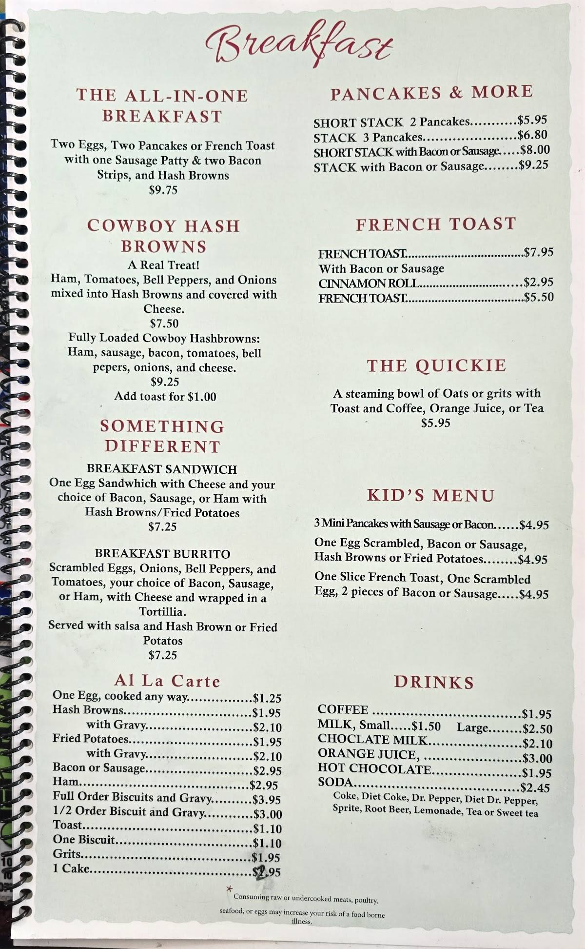 Menu at JW Cobbs restaurant, Ponca City, N 14th St