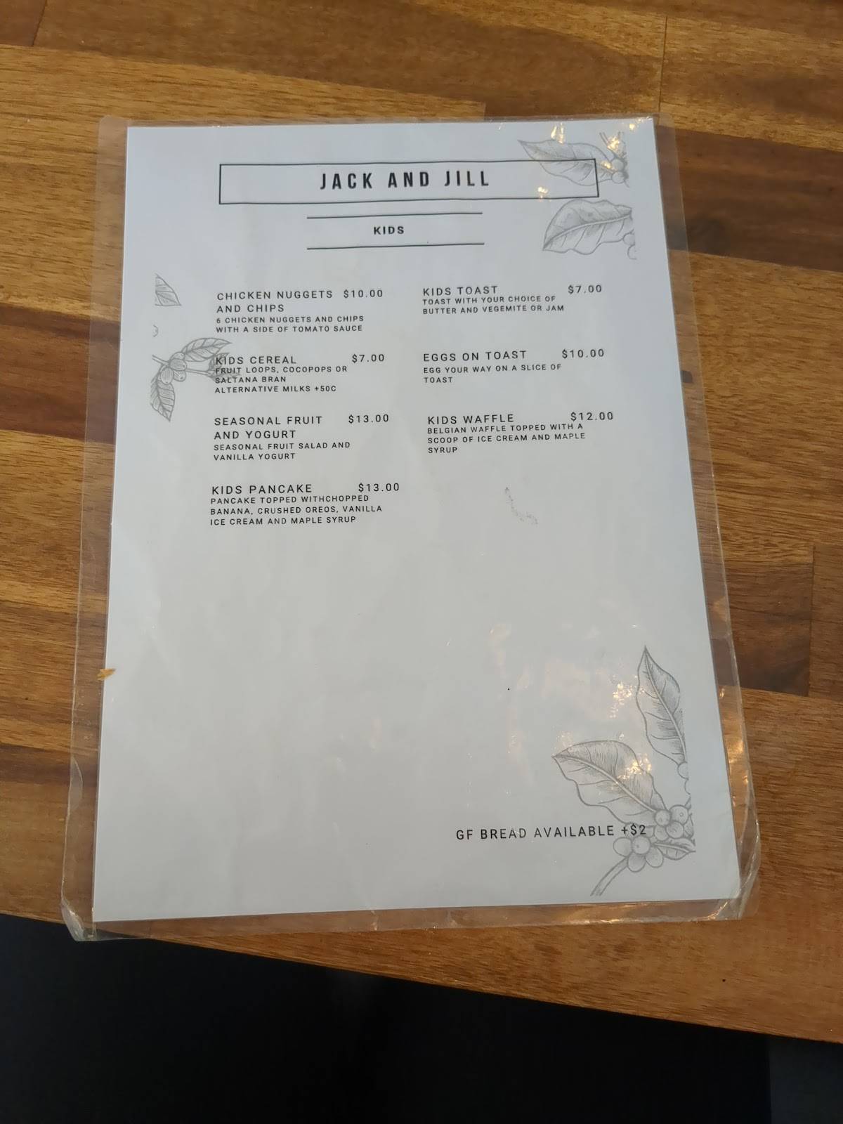Menu at Jack & Jill Kitchen cafe, Kalamunda