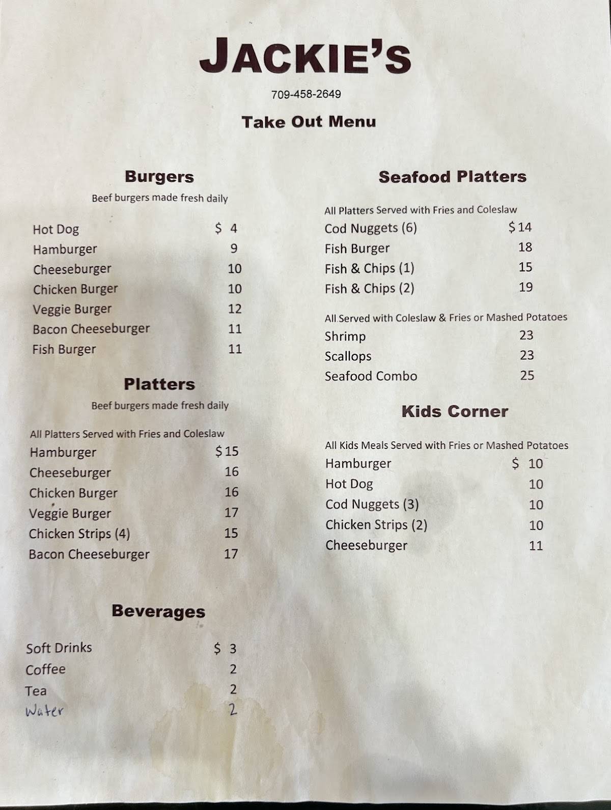 Menu at Jackie's Takeout restaurant, Rocky Harbour