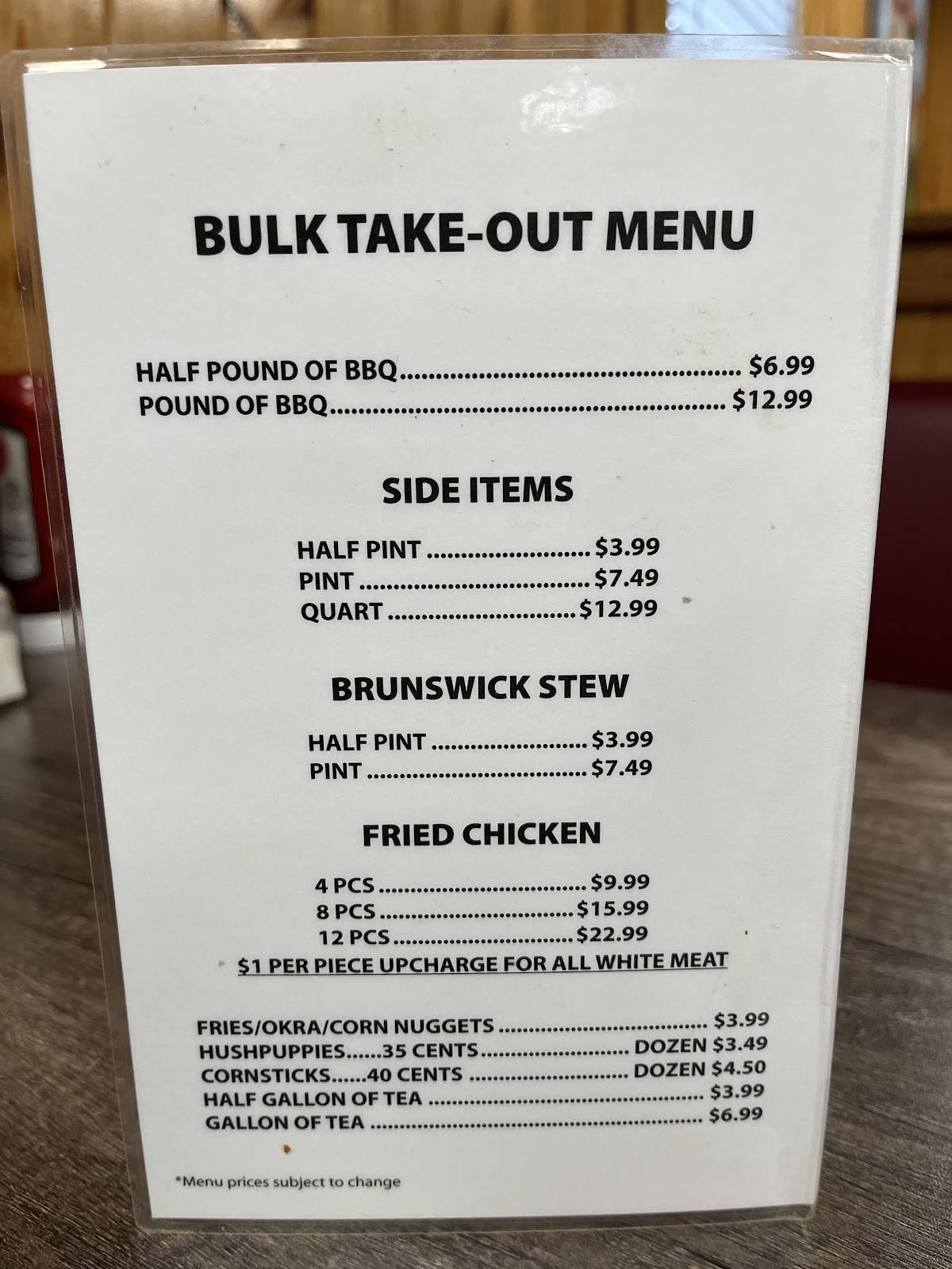 Menu at Jackson's Big Oak Barbecue, Wilmington