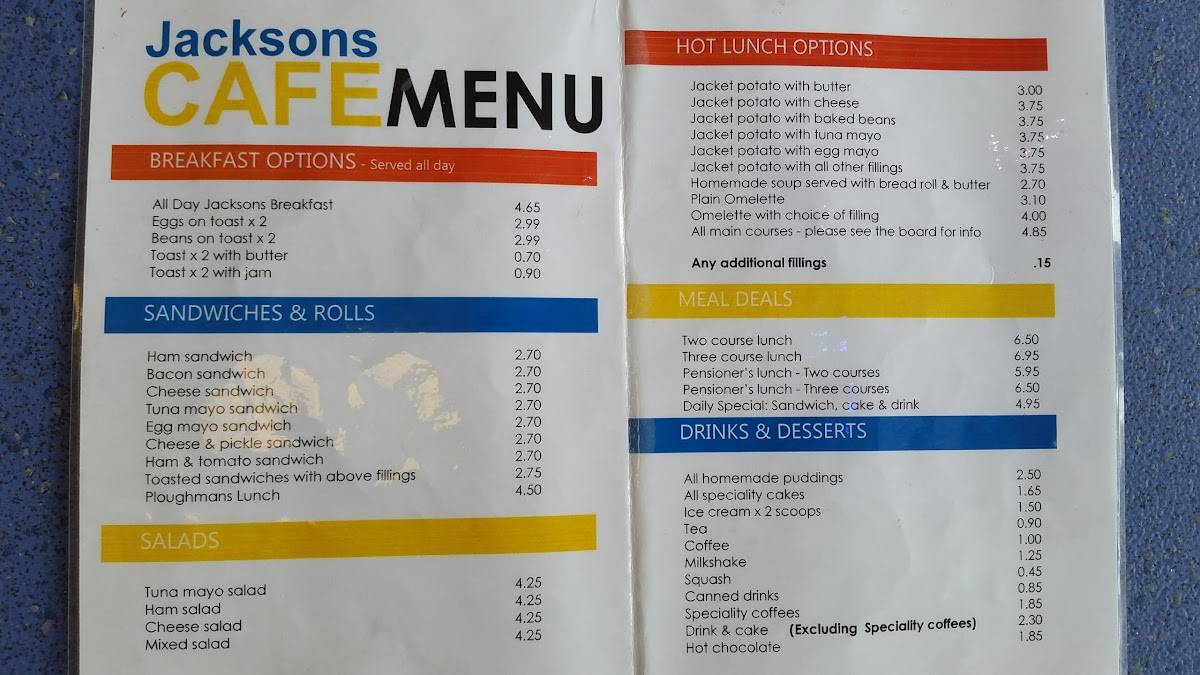 Menu at Jackson's Cafe, Romford