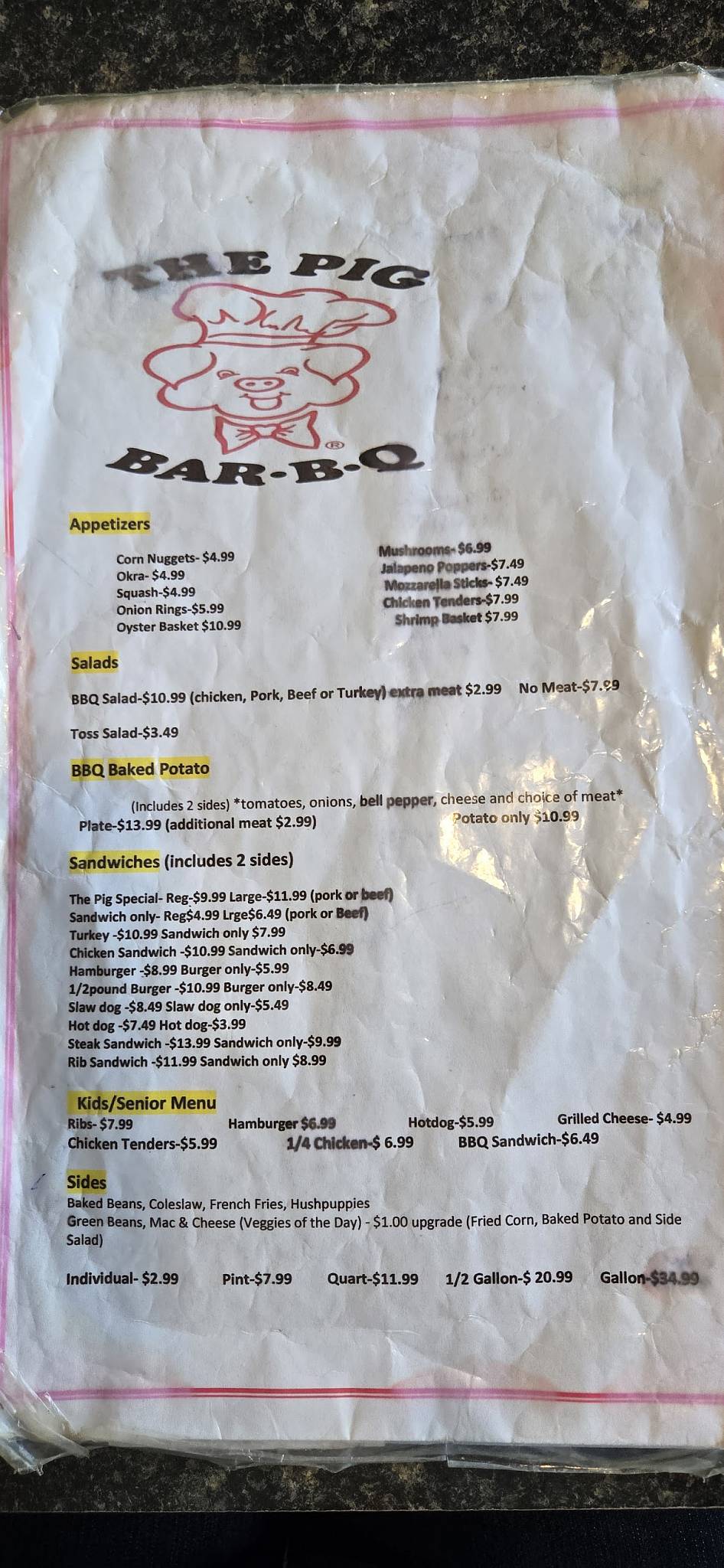 Menu at The Pig Bar-B-Q, Jacksonville, Lem Turner Rd