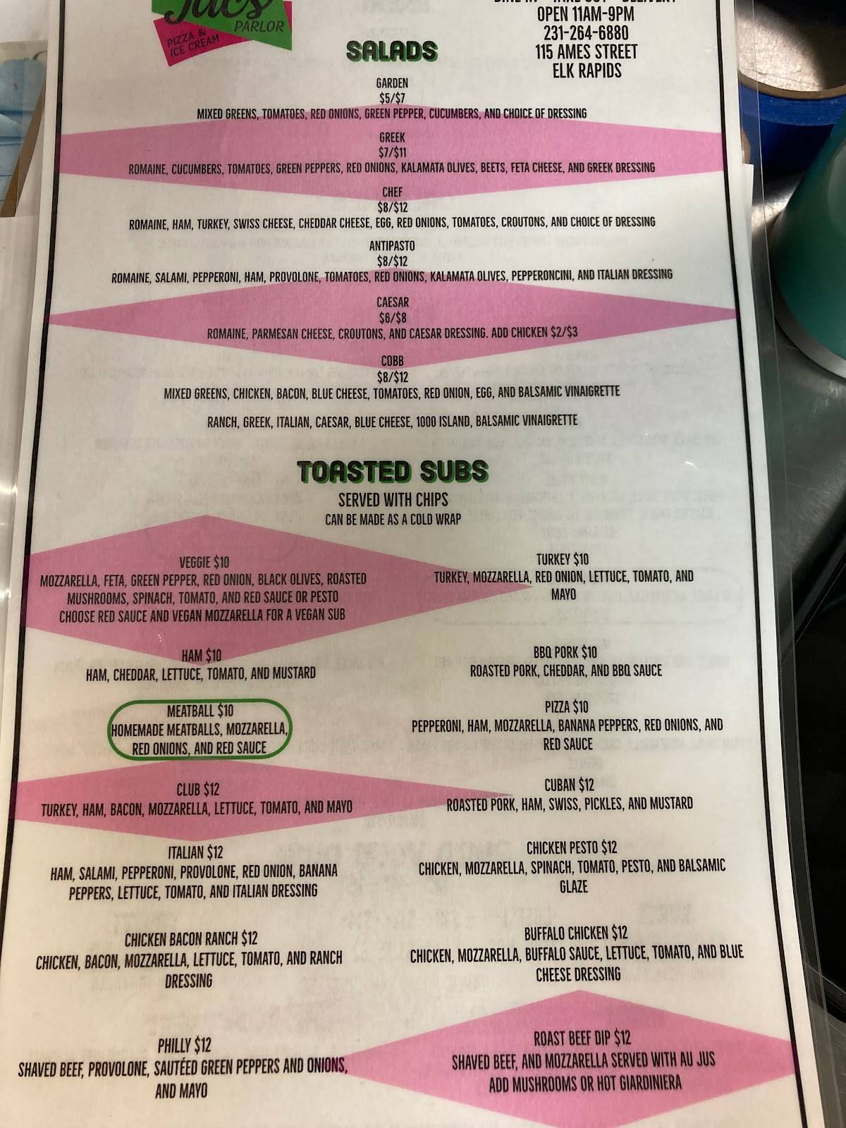 Menu at Jac's Family Restaurant, Elk Rapids