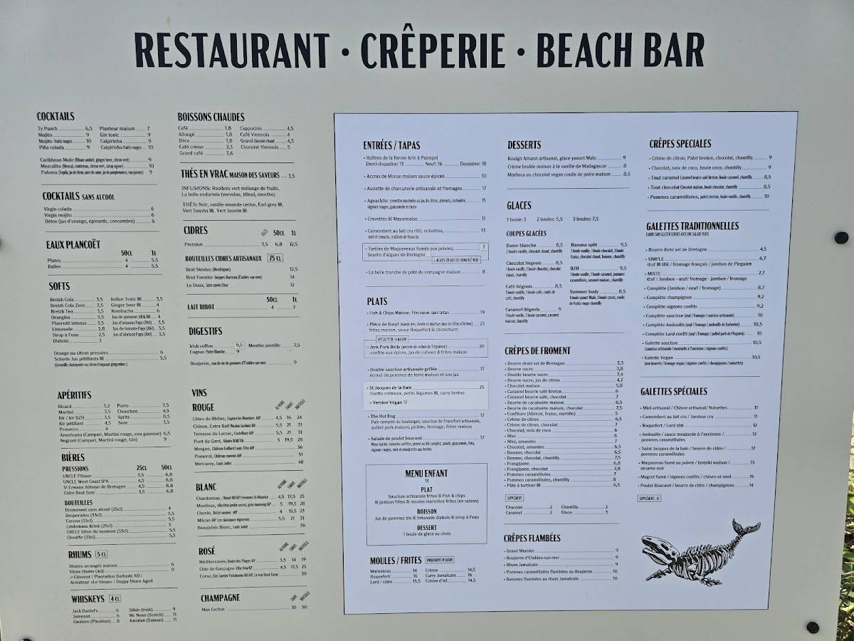Menu au Jaja cabana restaurant, Binic