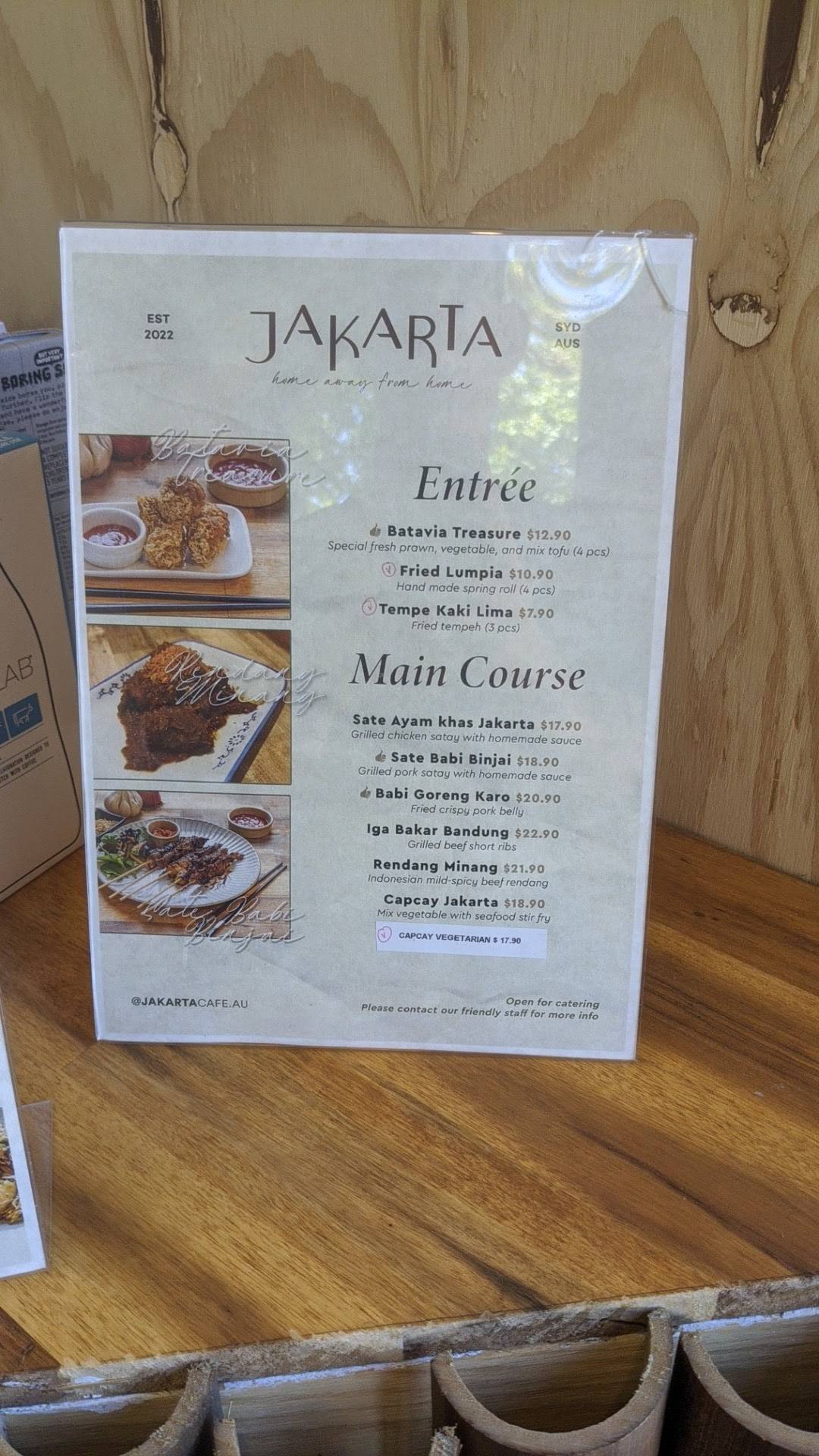 Menu at Jakarta Cafe and Restaurant, Crows Nest