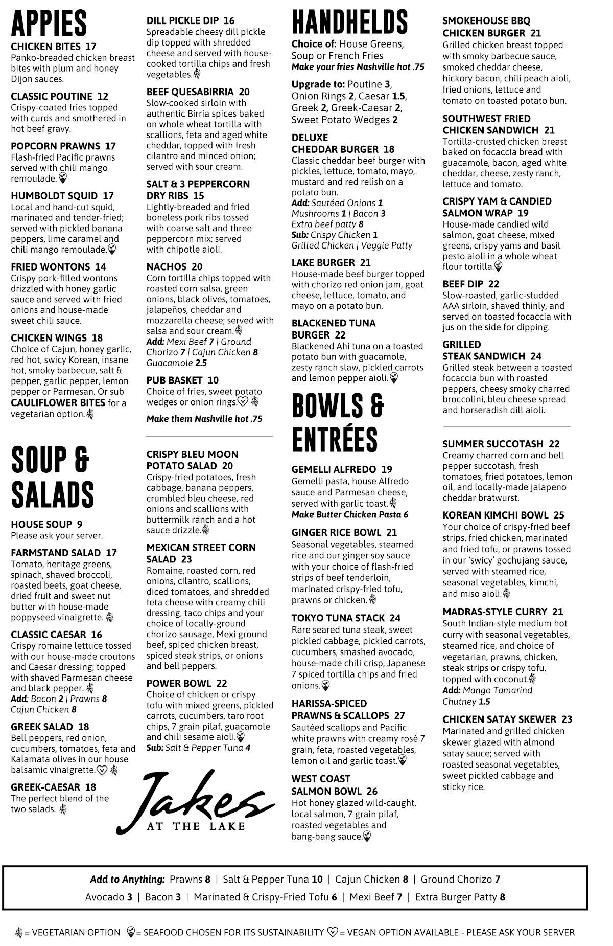 Menu at Jakes at the Lake restaurant, Lake Cowichan
