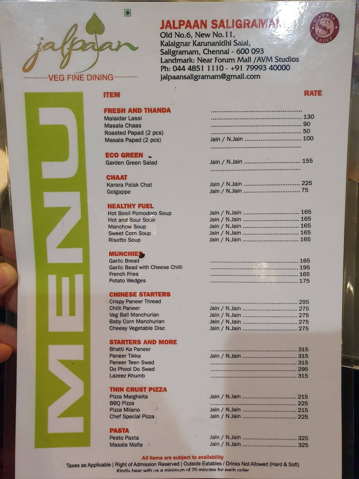 Menu at Jalpaan Saligramam (Pure Vegetarian Fine Dining Restaurant ...