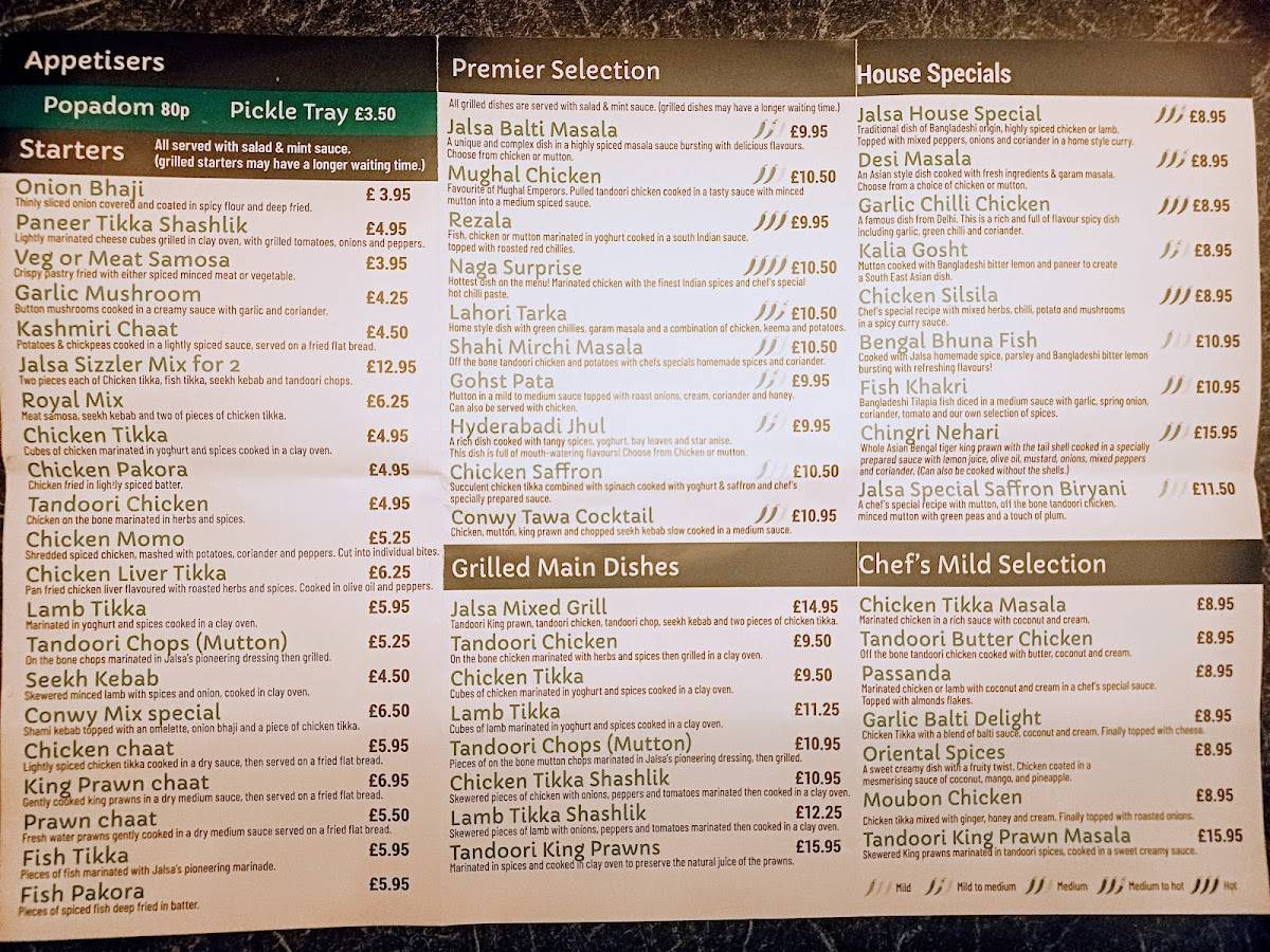 Menu at Jalsa Tandoori restaurant, Conwy