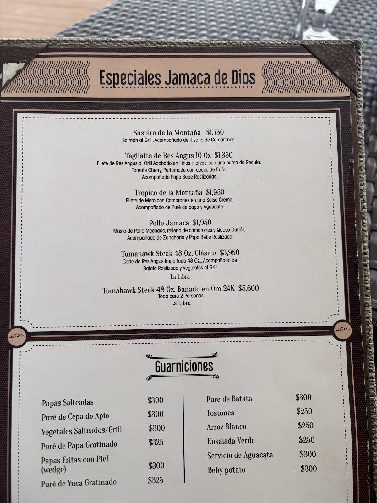 Carta de Restaurante Jamaca de Dios, Dominicana, Carretera Palo Blanco