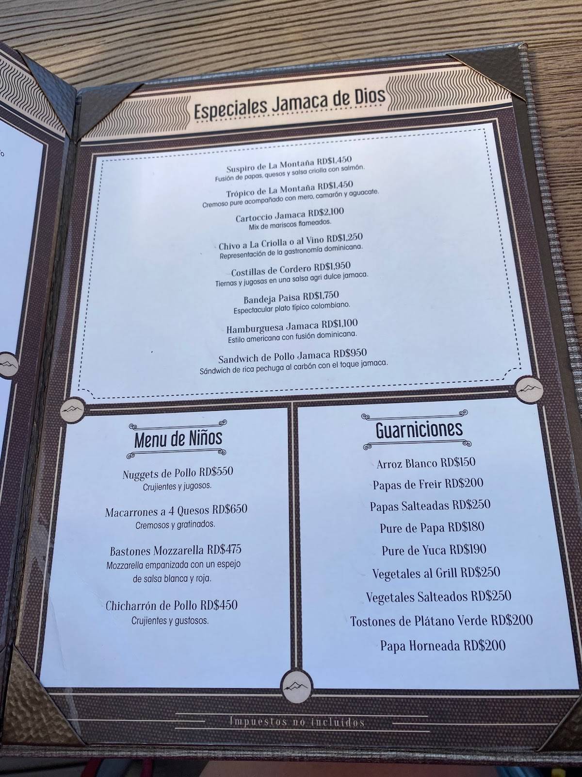 Carta de Restaurante Jamaca de Dios, Jarabacoa, Carretera Palo Blanco