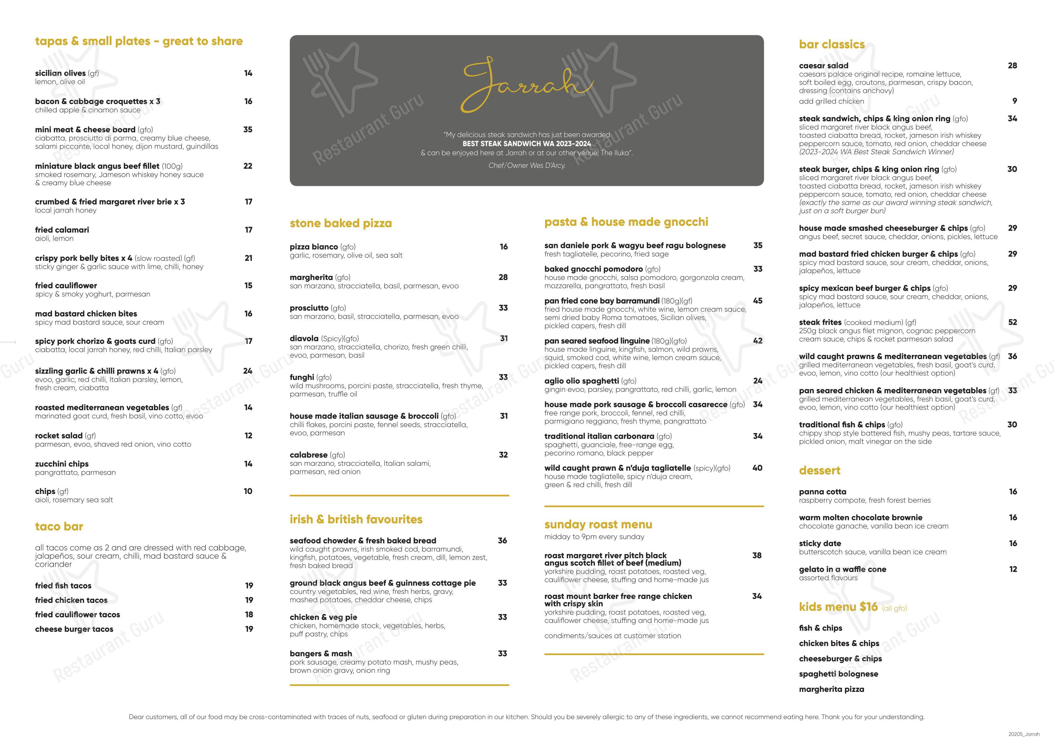 Menu at Jarrah pub & bar, Hillarys