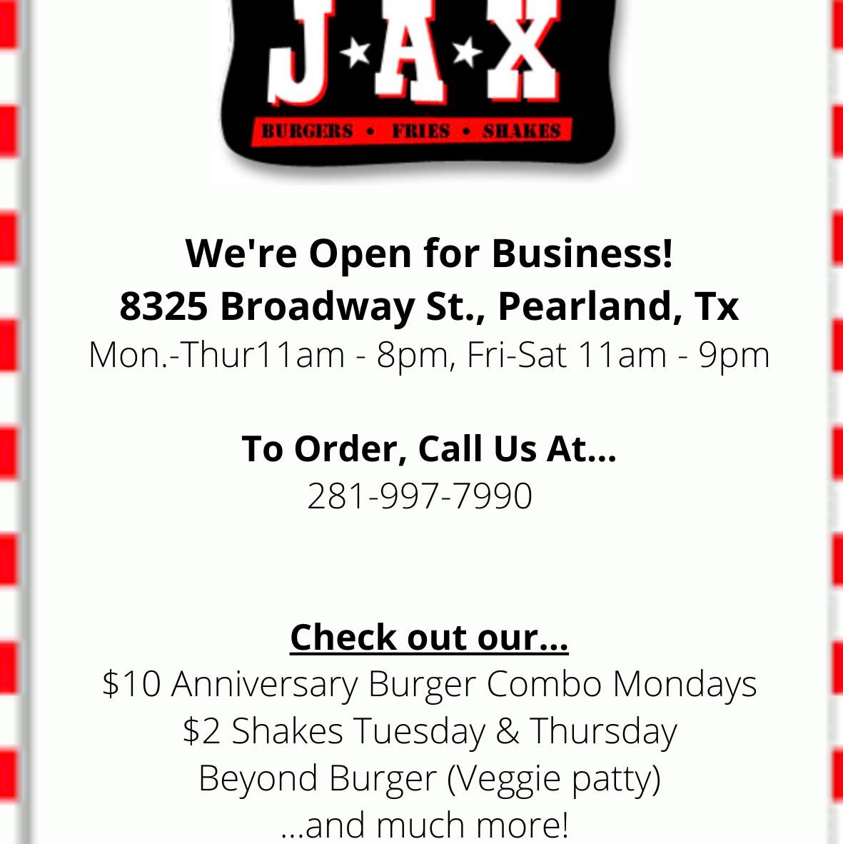 Menu at Jax Burger Fries & Shakes restaurant, Pearland, Broadway St