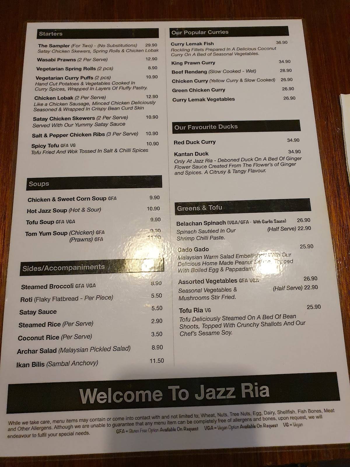 Menu at Jazz Ria Malaysian Restaurant, Balwyn