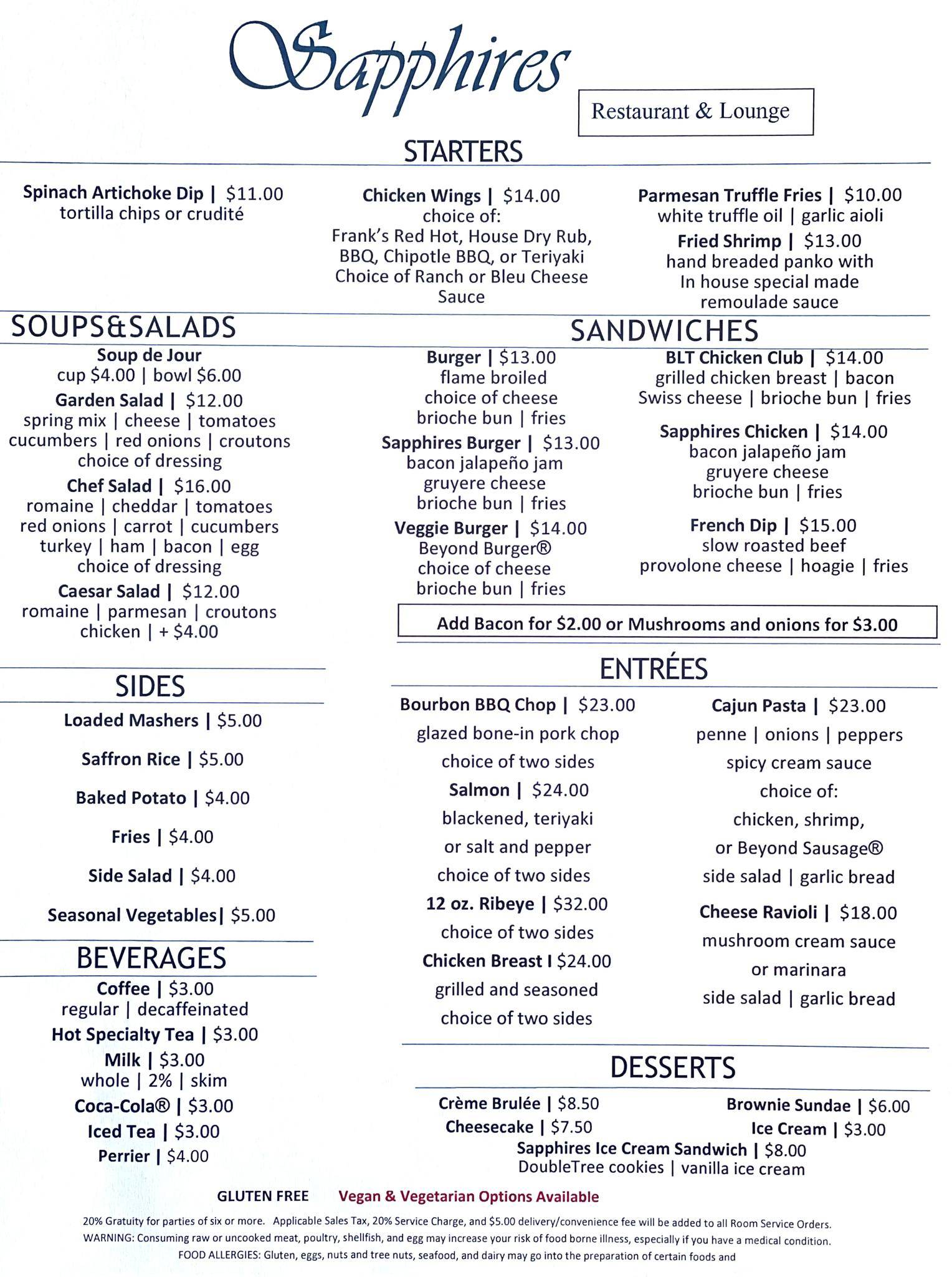 Menu at Sapphires Restaurant & Lounge at DoubleTree by Hilton Hotel ...